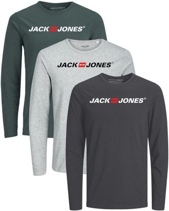 Jack & Jones Langarmshirt Regular-Fit mit stilvollem Printdruck (Spar-Set, 3er-Pack) in Unifarbe aus Baumwolle, mit lizenziertem Originaldesign Print
