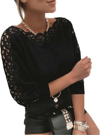 Generic Pull en tricot pelucheux avec bordure en dentelle pour femme, pull tendance et léger, Noir, x_l