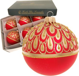 Krebs Glas Lauscha Weihnachtsdekoration/Christbaumschmuck aus Glas - Weihnachtskugeln - Motiv: Satin-rote Kugel mit Goldregen - Größe: 6 mal 8cm