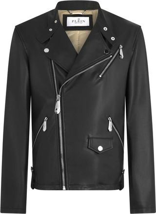 Philipp Plein Homme, Vestes, Noir, Taille: XL Veste Moto en Cuir Nappa