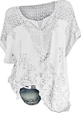 ORANDESIGNE T-Shirt Femme Grande Taille Tee Shirt Ete Chic Lâche Fleur Imprime Manche Courtes Col V Sexy Top Blouse Casual Haut Tunique Chemise H Blanc 3XL