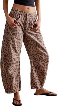 Generic Jeans Leopard Barrel pour femme, pantalon taille basse pour femme, jean vintage ample à jambes larges, pantalon en jean court, léopard, M