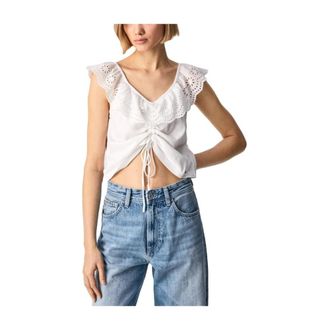 Pepe Jeans London Ger&uuml;schtes Top mit englischer Stickerei - - Tops - Damen - Wei&szlig; - L