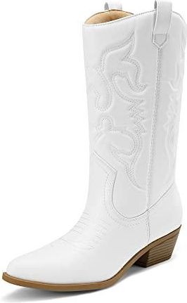 Dream Pairs Bottes de cowboy larges en mollet pour femme Bottes de cowgirl &agrave; enfiler Bottes western mi-mollet, blanc, 37.5 EU