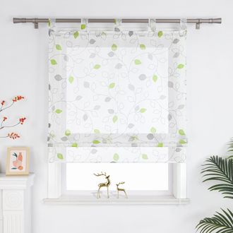 Joyswahl Raffrollo mit Schlaufen Voile Landhausstil Raffgardinen Wohnzimmer Schlaufenrollo Fenster Vorhänge Transparent mit Baumblattmuster BxH 120x140 cm Grün