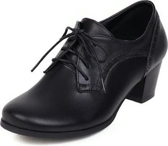 Generic MiaZane Chaussures Oxford Brogue Femme Vintage en Cuir PU, Bout Carré, à Lacets, Talon Bloc Moyen, Idéales pour Bureau, Travail et Quotidien,Noir,38 E