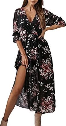 Generic Robes boh&egrave;me 2026 pour femmes, robe d&eacute;t&eacute; &agrave; imprim&eacute; floral, robe d&eacute;contract&eacute;e &agrave; col en V et manches longues, Noir, M