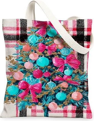 Generic Sac fourre-tout en toile motif sapin de No&euml;l, sac r&eacute;utilisable, vintage, l&eacute;ger et lavable, pour pique-nique en plein air, 33 x 38 cm