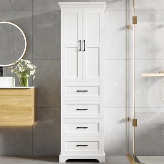 Merax Badezimmer-Hochschrank, Badezimmerschrank schmal mit DREI Schubladen, EIN Schrank, DREI Ablagef&auml;cher, verstellbare Einlegeb&ouml;den, Schwarze Griffe, MDF-