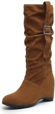 Generic Bottes Hautes Femme Plissées Genou Talon Compensé Boucle Détail Bout Rond À Enfiler Tige Souple Bottes Longues Hiver Chaudes Décontractées Soirée Exté