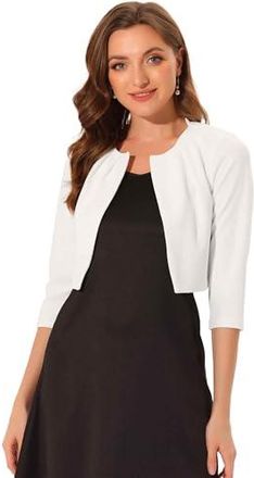 Allegra K Bol&eacute;ro en Mousseline Femme Blazer Court de Bureau &agrave; Haussement d&Eacute;paules et &agrave; Manches 3/4 Cardigan L&eacute;ger Court Pliss&eacute; sans Col Blanc XS
