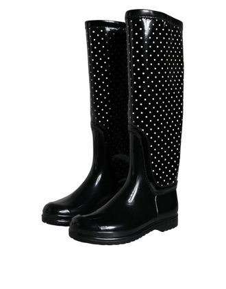 Dolce & Gabbana Womens Black Polka Dot Rubber Knee High Boots Shoes