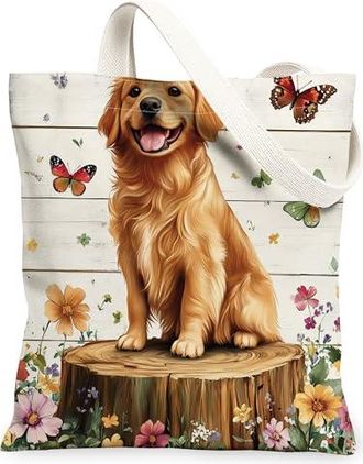 Generic Sac fourre-tout en toile motif chien Golden Retriever de printemps 33 x 38,1 cm, sac d&eacute;picerie r&eacute;utilisable pour femme, motif animal de compagnie, d&eacute;c