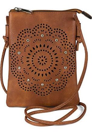styleBREAKER Mini sac à bandoulière pour femme avec motif découpé au laser et strass, Pochette pour téléphone portable, sac à main 02012367, couleur:Cognac