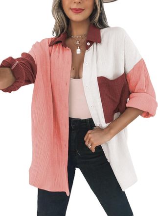 Dokotoo Bluse Damen Musselin Langarmshirt Baumwolle L&auml;ssig Oberteile Hemd Langarm Farbblock Blusen Shirts Knopfleiste Tops Hemdjacke Braun 2XL
