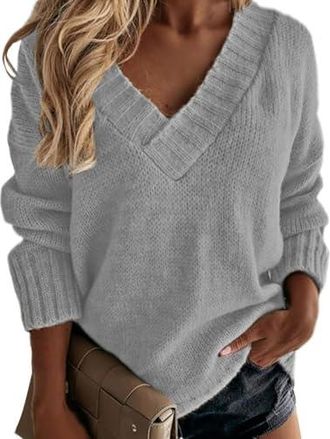 Generic Pull dhiver d&eacute;contract&eacute; &agrave; manches longues et col en V pour femme, gris fonc&eacute;, 3XL