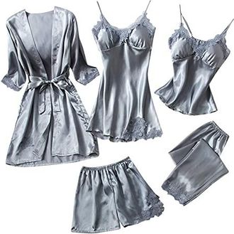 Generic Pyjama Femme Satin de Soie Unisexe Grande Taille 4 Pi&egrave;ces Ensembles de Pyjama Short et Caraco Lingerie Sexy Automne Hiver Manche Longue V&ecirc;tements de N