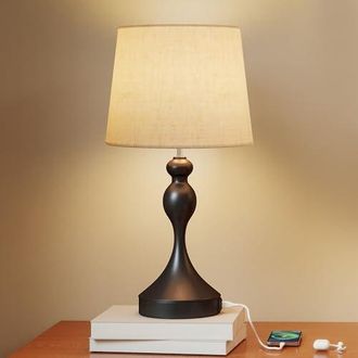 HOMCOM Tischlampe LED Tischleuchte mit 3 Farbtemperaturen, Nachttischlampe mit USB A+C Ladeanschl&uuml;ssen, Leinenschirm, Schreibtischlampe Leselampe f&uuml;r Schlafz