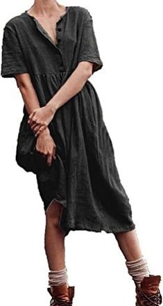 ORANDESIGNE Robes en Lin Femmes Col en V Robes de Plage Couleur Unie A-Ligne à Manches Courtes Robe Longue Boho Robe dété Midi Dress Grande Taille F Noir M