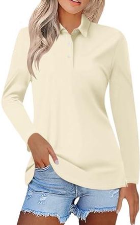 Generic Polo uni à manches longues en coton piqué de qualité supérieure pour femme - Tendance automne 2024 - Extensible et respirant - Pour intérieur et extér