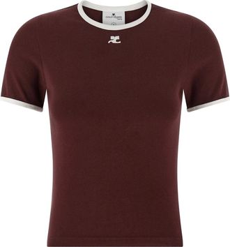Courr&egrave;ges Femme, Tops, Brun, Taille: 36 FR T-shirt Signature Contrast&eacute; en Coton