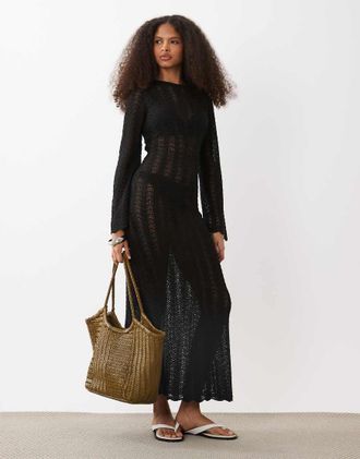 Mango Robe longue en maille au crochet &agrave; manches longues - Noir