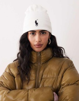 Polo Ralph Lauren Bonnet en maille de coton &agrave; logo embl&eacute;matique - Blanc cass&eacute; et noir