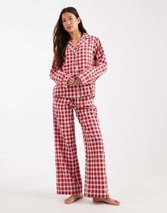 Daisy Street Pantalon de pyjama à carreaux à enfiler et chemise - Rouge fleuri-Multicolore