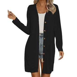 Generic 2026 Veste tricotée à manches longues pour femme Longueur mi-longue Bouton Solide Cardigan en soie glacée, Noir, XXL