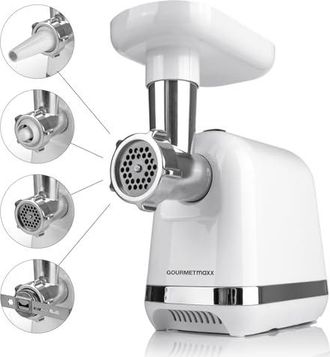 Gourmetmaxx elektrischer Fleischwolf mit verschiedenen Aufs&auml;tzen | Zur Verarbeitung von Fleisch, Fisch & Geb&auml;ck | Auf Knopfdruck Hackfleisch, Wurst, Spritzgeb&auml;ck 