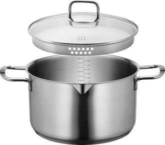M&auml;ser Sanvito, Kochtopf 24 cm mit Glasdeckel und praktischem Ausgie&szlig;er, kleiner Edelstahl Topf mit Siebdeckel und Literskala, geeignet f&uuml;r Induktion, Edelst