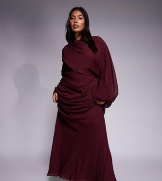 Asos Curve ASOS DESIGN Curve - Maxikleid in Maulbeerrot mit drapierter Vorderseite und Blouson-Ärmeln