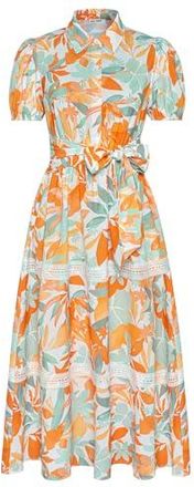 Grace Karin Robe longue dété florale décontractée pour femme, col polo, fluide, robe de plage et de mariage, Feuilles jaunes., M