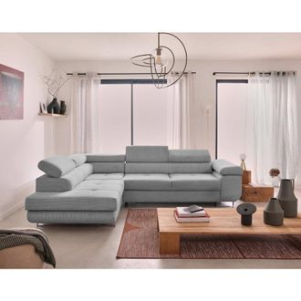 Best Mobilier Zaria - ecksofa links - mit schlaffunktion und bettkasten sowie verstellbaren kopfst&uuml;tzen - 5-sitzer - aus cord - hellgrau