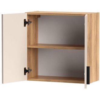 PEGANE Meuble haut &agrave; 2 portes Armoire auxiliaire avec poign&eacute;es noires coloris Beige/ch&ecirc;ne Mauvella - Longueur 60 x Hauteur 60 x Profondeur 28,6 cm