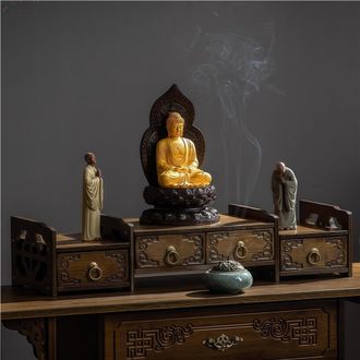 Generic Buddha-Altar, Meditationsaltar aus Bambus, Altarregal mit Schublade, Vintage-Opfergabe aus China f&uuml;r Buddha-Statuen, Gebete, R&auml;ucherst&auml;bchen und spiri