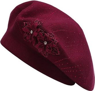 ZLYC Femmes Classique Francais Cachemire Chapeau de Béret avec Décor Floral(Deux Fleurs Bordeaux),Taille Unique
