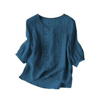 Generic Chemisiers en lin pour femme - D&eacute;contract&eacute; - Vintage - Broderie - Manches 3/4 - Col rond - Manches courtes - Tendance - V&ecirc;tements boh&egrave;mes, bleu marine