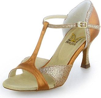 JiaJia 2055 Sandales pour Femmes 7,5cm Talon &eacute;vas&eacute; Super Satin Latin Chaussures de Danse Couleur Marron, Taille 37 EU
