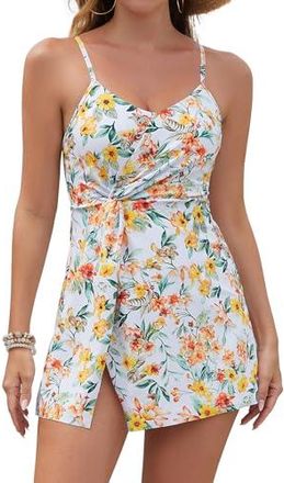 SHEKINI Robe de bain une pièce pour femme avec col en V et volants, Fleur jaune., XXL