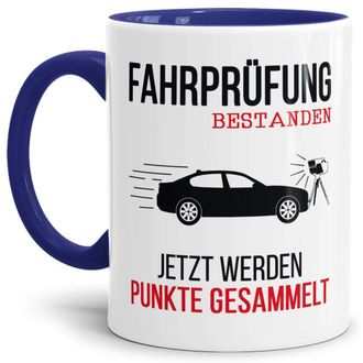 Tassendruck Spruch-Tasse zum F&uuml;hrerschein - Punkte sammeln - Innen & Henkel Dunkelblau - Mug/Cup/Becher/Lustig/Geschenk-Idee/Beste Qualit&auml;t