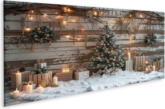 Islandburner Bild auf Leinwand Verschneite Weihnachtsszene geschmückter Baum Kerzen Kleiner Weihnachtsbaum vor Holzwand Bilder Wandbilder Poster
