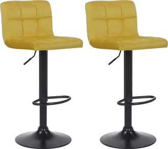 Clp 2er Set Barhocker Feni Samt, höhenverstellbar mit Fußstütze, Lehne & Metallgestell, belastbar bis 150 kg, Farbe:gelb