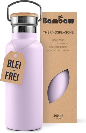 Bambaw Trinkflasche Thermo 500ml, Trinkflasche Lila, Edelstahl Trinkflasche, Thermosflasche Edelstahl, Isolierte Trinkflasche Fahrrad - Fliederlila