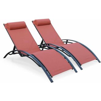 Sweeek Duo de bains de soleil en aluminium et textil&egrave;ne Louisa Anthracite / Terracotta