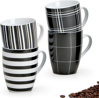 Matches 21 Tassen 4er Set in schwarz weiß kariert - Schöne Keramik Kaffeetassen in 300ml für Cappuccino Kaffee Tee - Außergewöhnliche Kaffeebecher spülmaschinenf