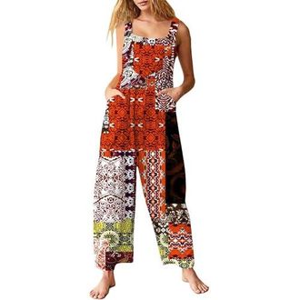 Generic Salopette pour femme - Sans manches - Jambe large - Style d&eacute;contract&eacute; - Style vintage boh&egrave;me - Imprim&eacute; floral et multicolore - Col carr&eacute; - Avec poches
