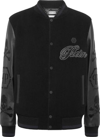 Philipp Plein Wool & Leather Varsity Bomber Jacket Patches Stones