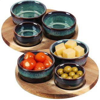 Com-Four 8-teiliges Servierset - Sch&uuml;sselset mit Holzbrett zum Servieren von Tapas, Mezze oder Antipasti - Sch&auml;lchen in 3 Gr&ouml;&szlig;en mit Serviertablett aus Akazien