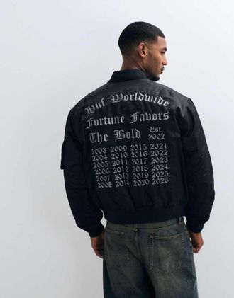 HUF blouson bomber avec d&eacute;tail badge et imprim&eacute; au dos noir